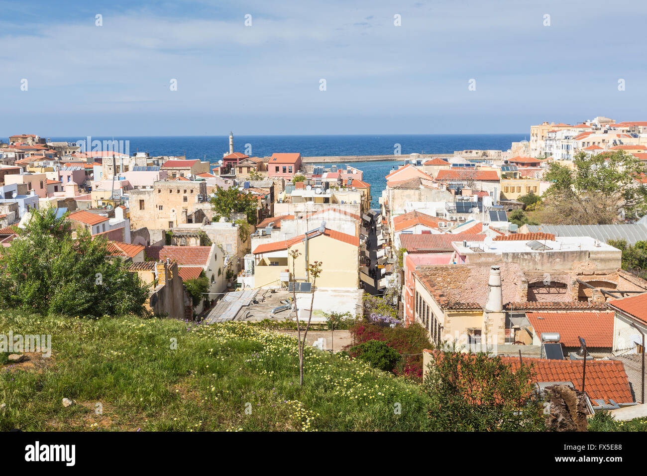 View of the white houses of Chania city from above, Crete, Greece Stock ...