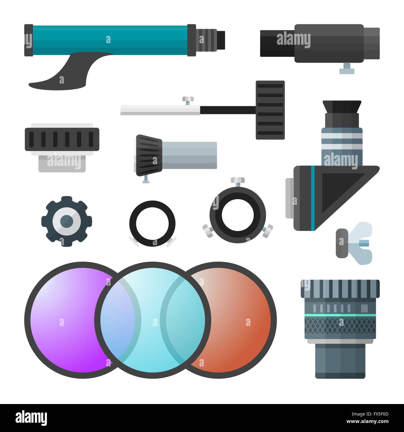 vector colorful flat design telescope accessories, Barlow lenses ...