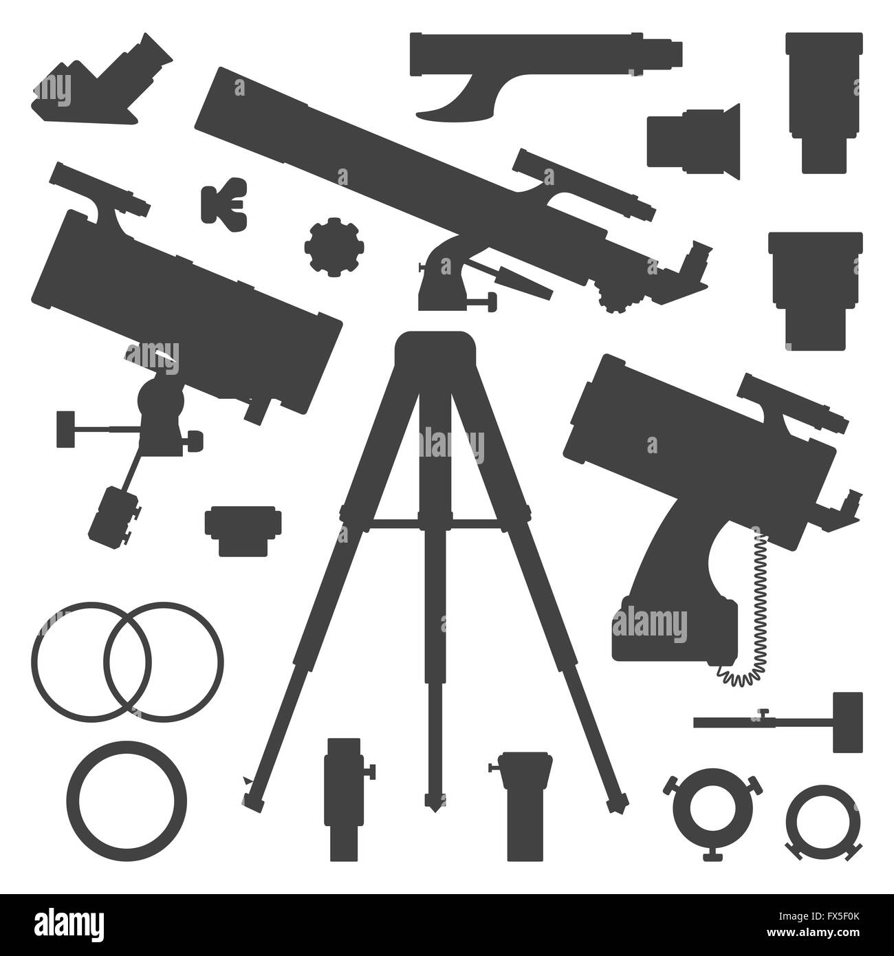 vector black monochrome astronomy and telescope tools and devices ...
