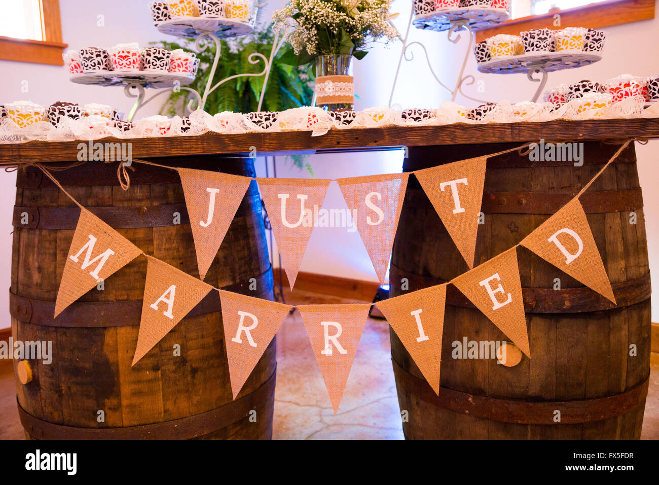 Just married sign made out of burlap flags at an Oregon wedding ...
