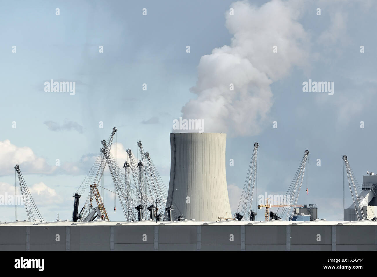 Big chimney with smoke comming out surrounded by cranes Stock Photo - Alamy