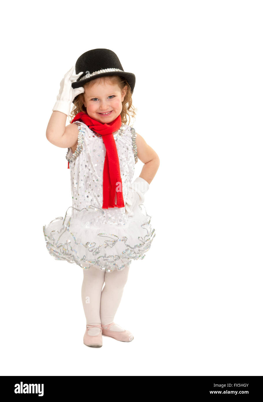 White background portrait of female preschool dancer in ballet snowman ...