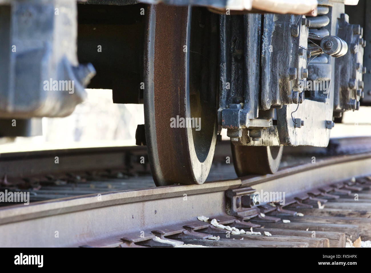 Closeup of the moving train and the railroad Stock Photo - Alamy