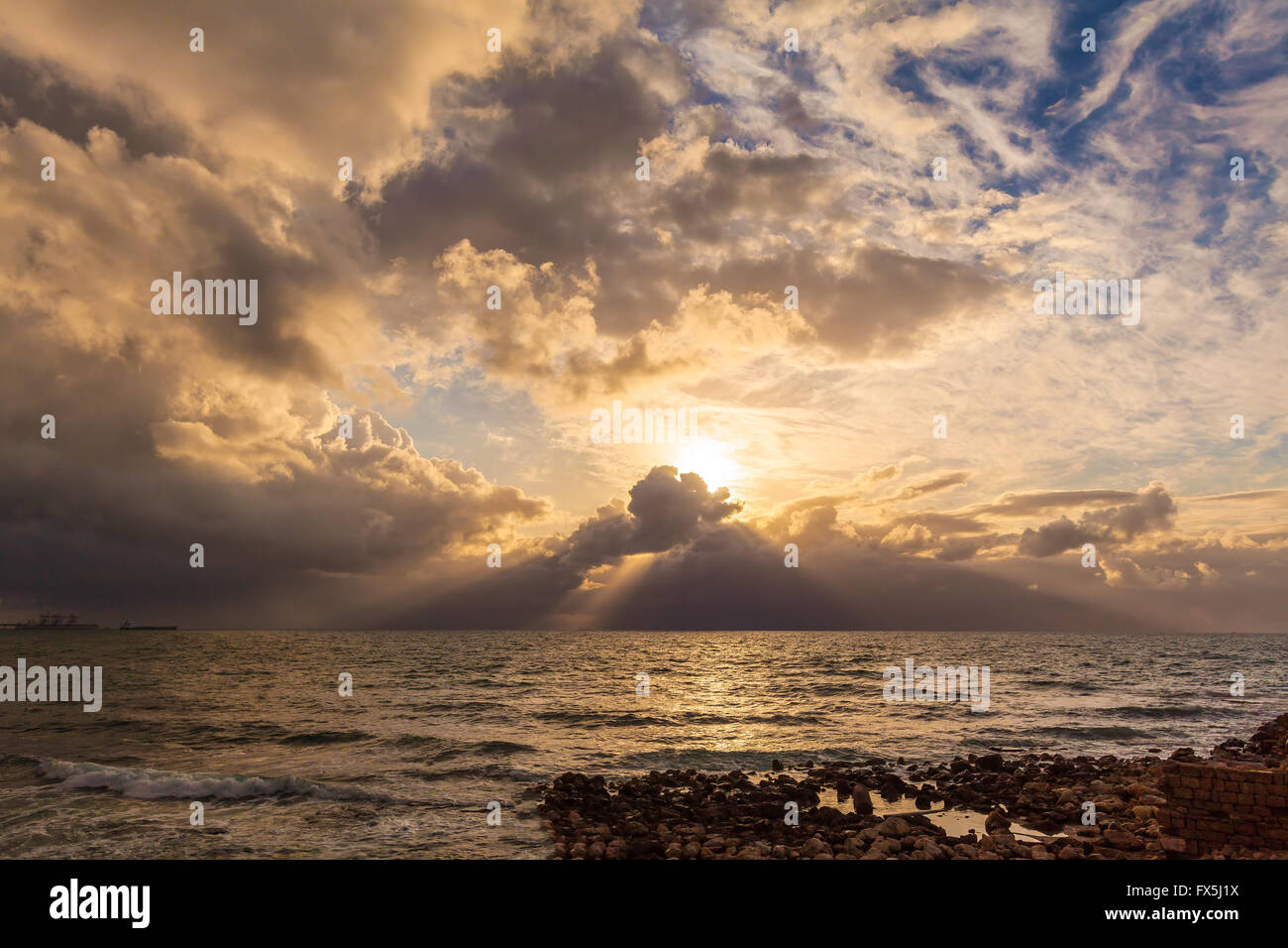 Dramatic Light with Sun Rays and Heavy Clouds above Mediterranean Sea ...