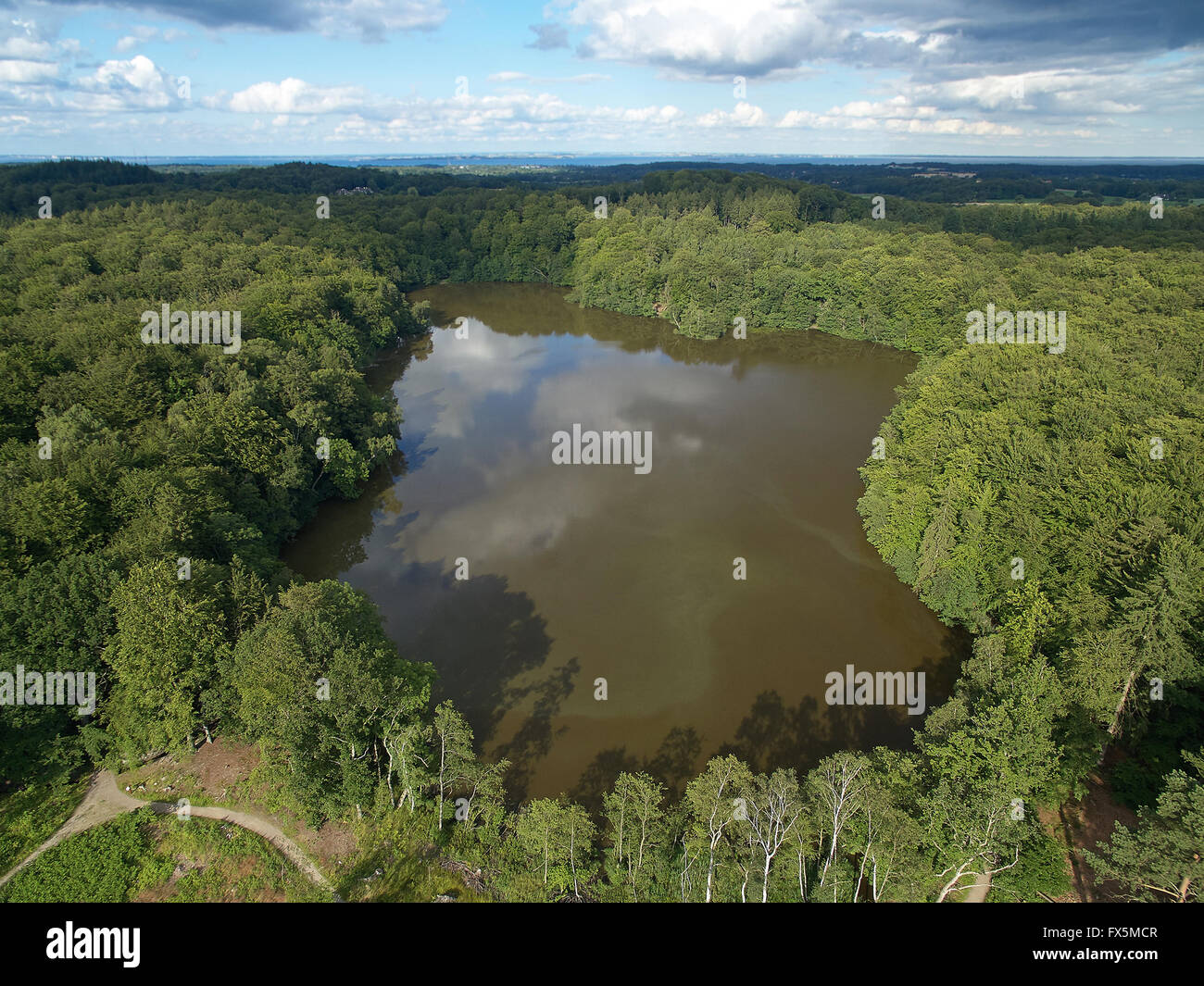 Aerial view of Loejesoe located in Rude forrest in Zealand Denmark ...