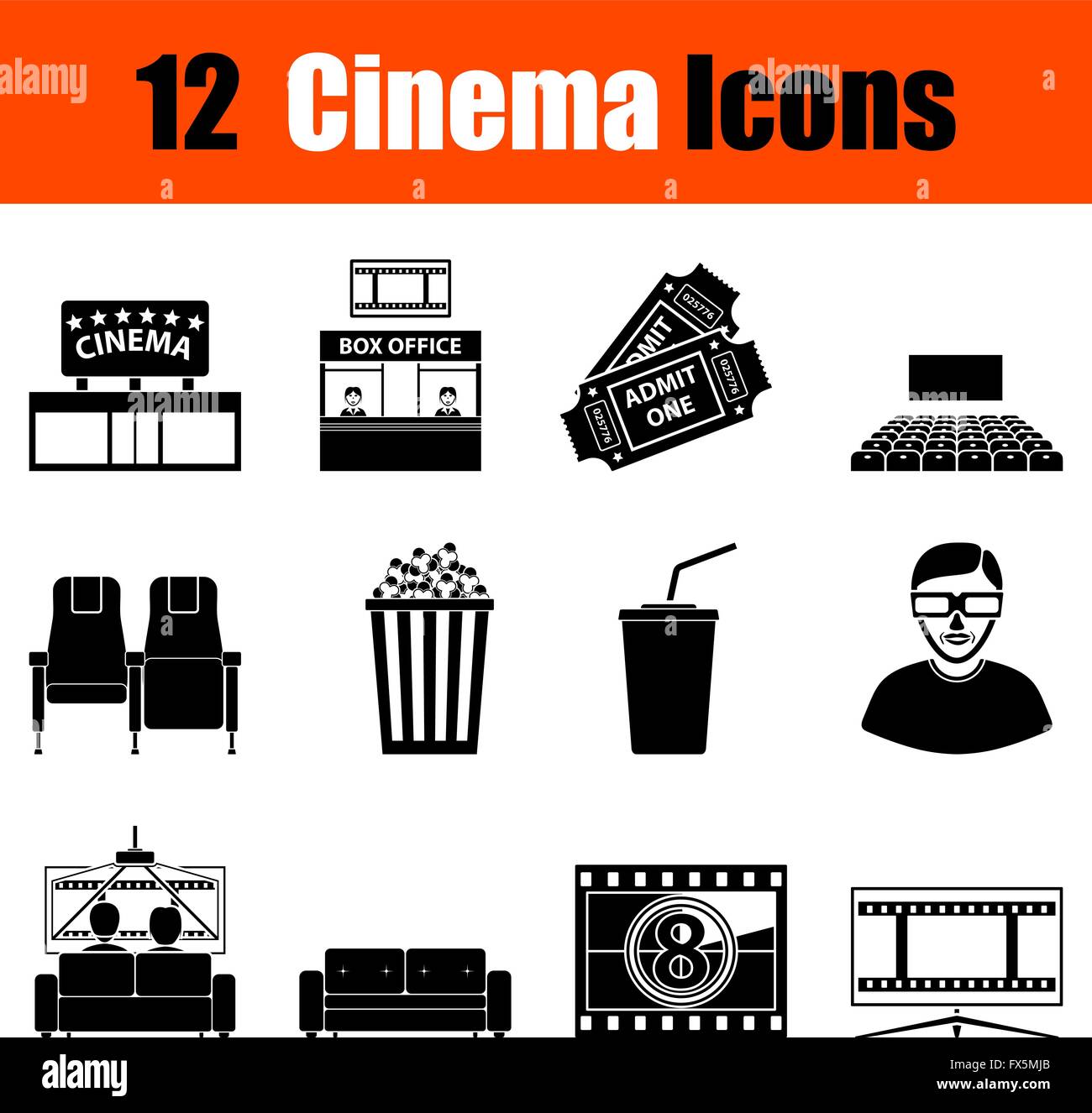 Set of twelve cinema black icons. Vector illustration Stock Vector ...