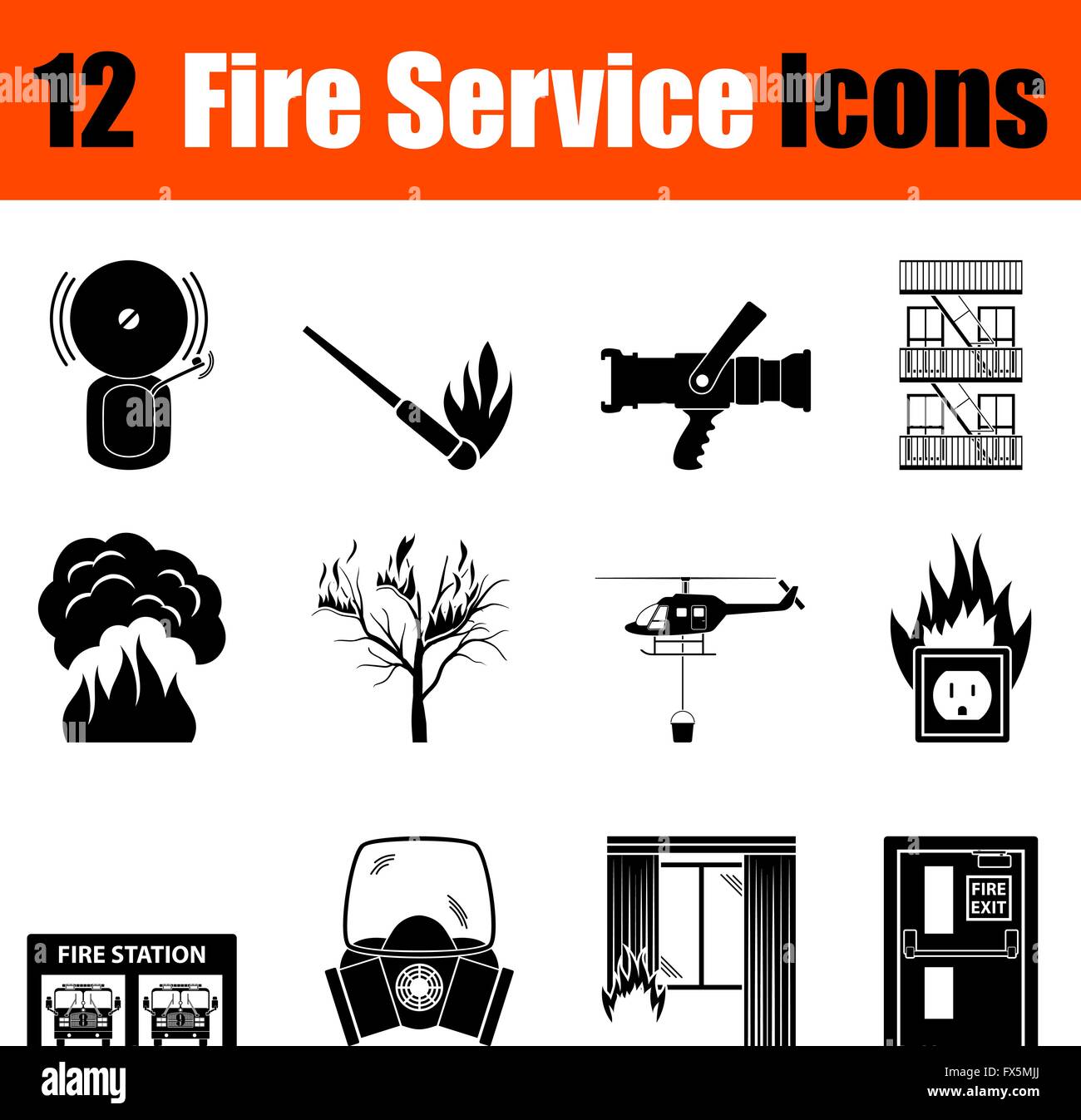Set of twelve fire service black icons. Vector illustration Stock ...