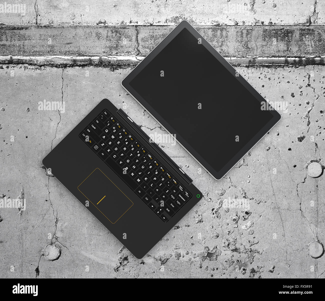 Top view of a detachable PC on a concrete surface. 3D rendering image ...