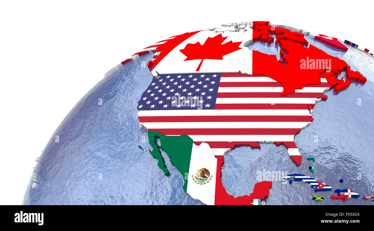 Political map of north America with each country represented by its ...
