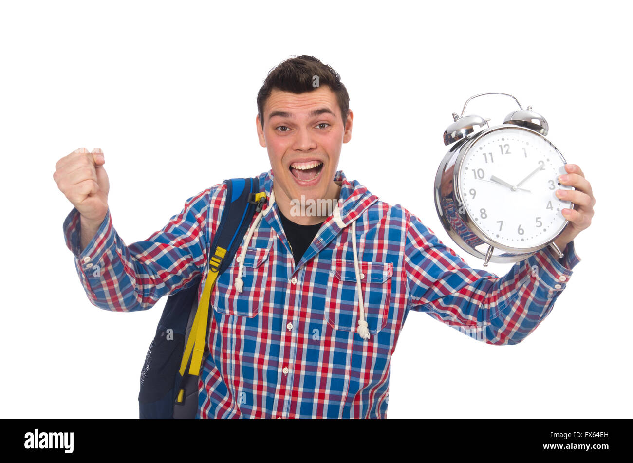 Student holding alarm clock isolated on white Stock Photo - Alamy
