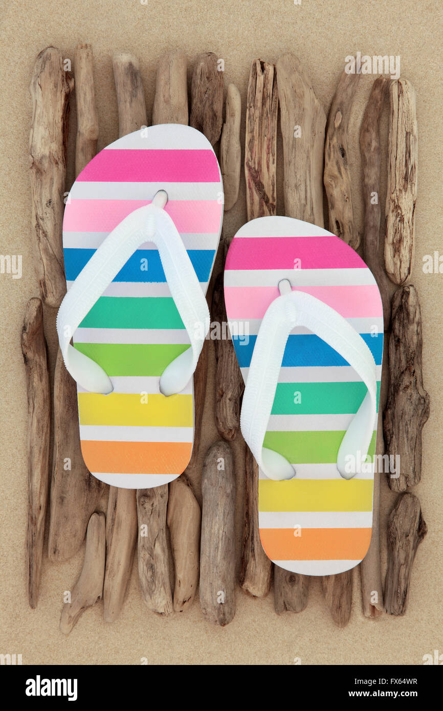Rainbow flip flop shoes on driftwood over beach sand background Stock ...