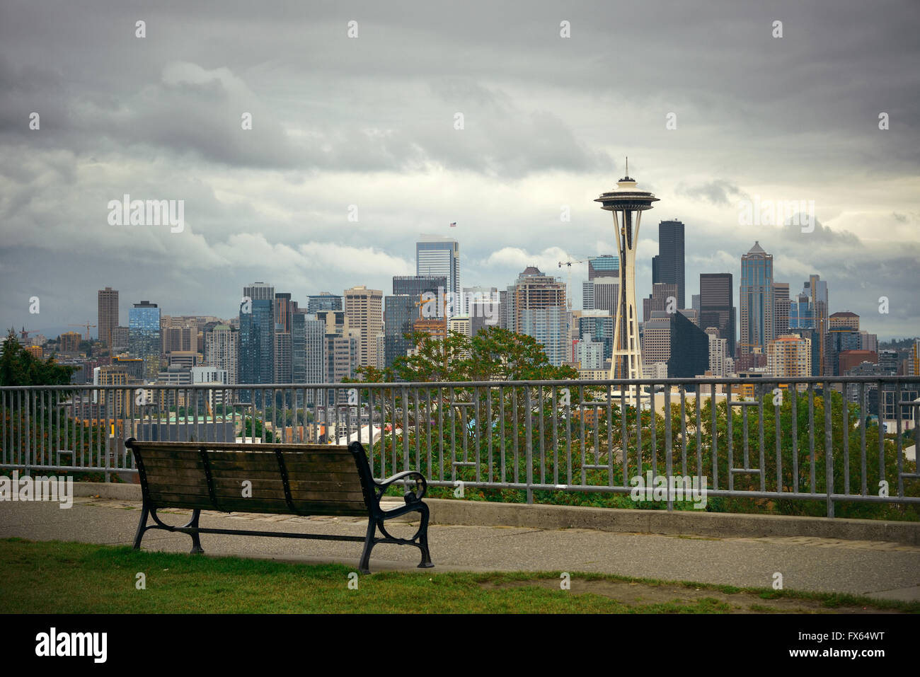 Seattle city view from Kerry Park with urban architecture and bench ...