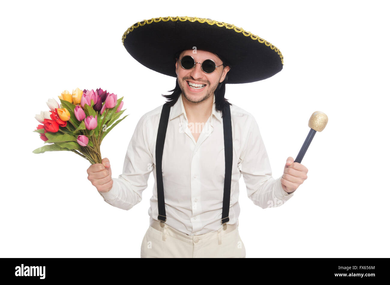 Smiling mexican with flowers and microphone isolated on white Stock ...