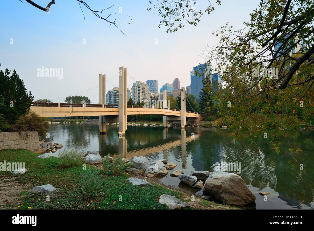 Calgary cityscape from Prince's Island in Alberta, Canada Stock Photo ...