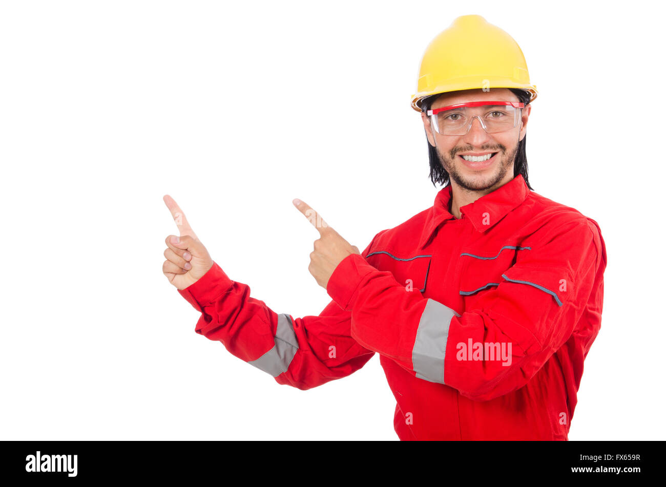 Man wearing red coveralls isolated on white Stock Photo - Alamy