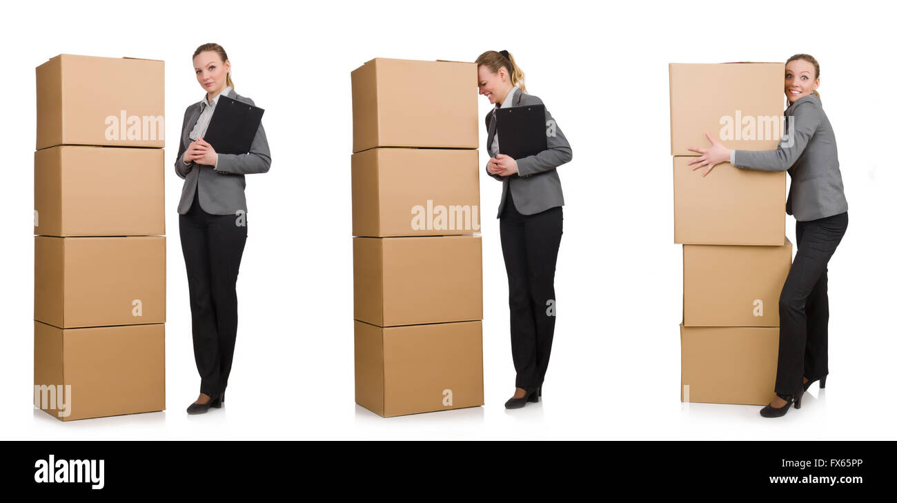 Composite image of woman with boxes on white Stock Photo - Alamy