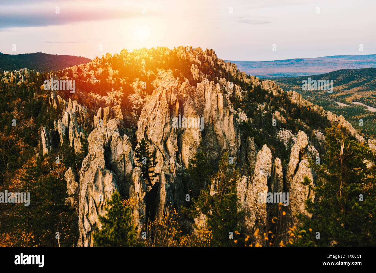 Aerial view of mountain in rural landscape, Ural, Ural, Russia Stock ...