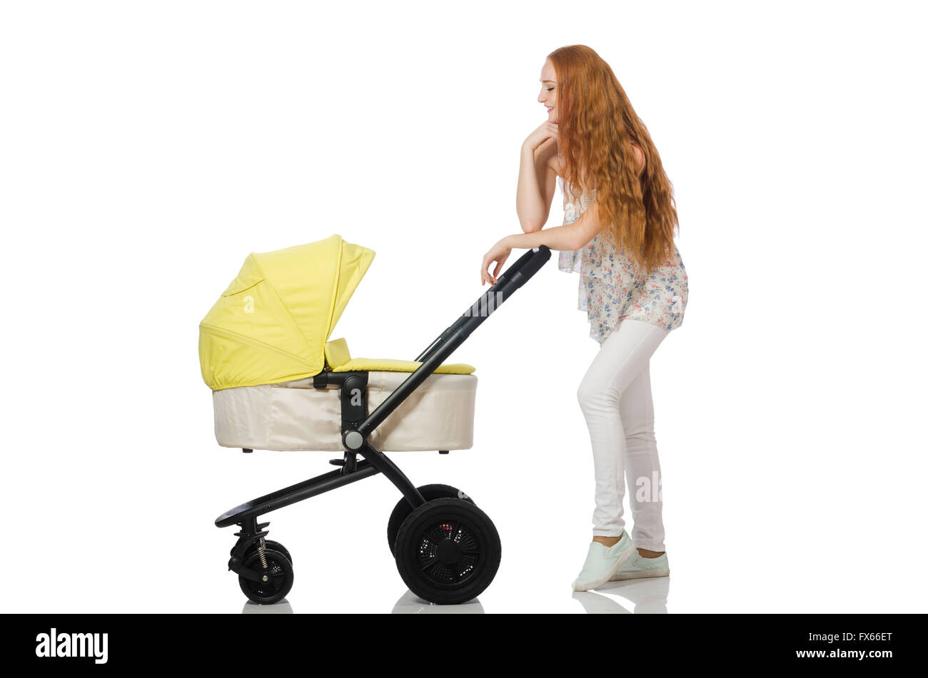 Woman with baby and pram isolated on white Stock Photo - Alamy