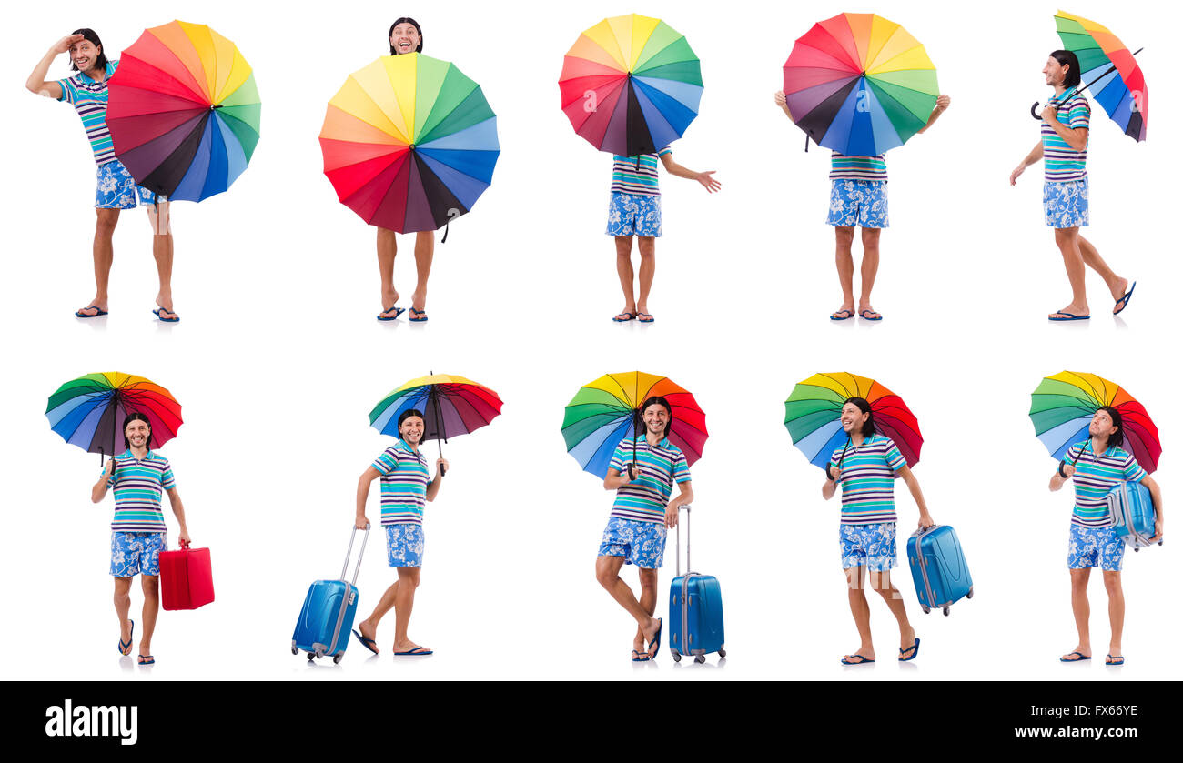 Traveler with red case and umbrella isolated on white Stock Photo - Alamy