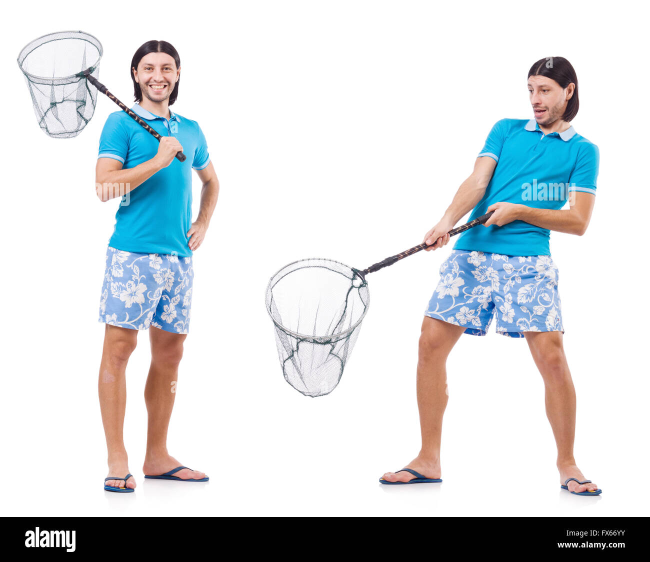 Man with big catching net isolated on white Stock Photo - Alamy