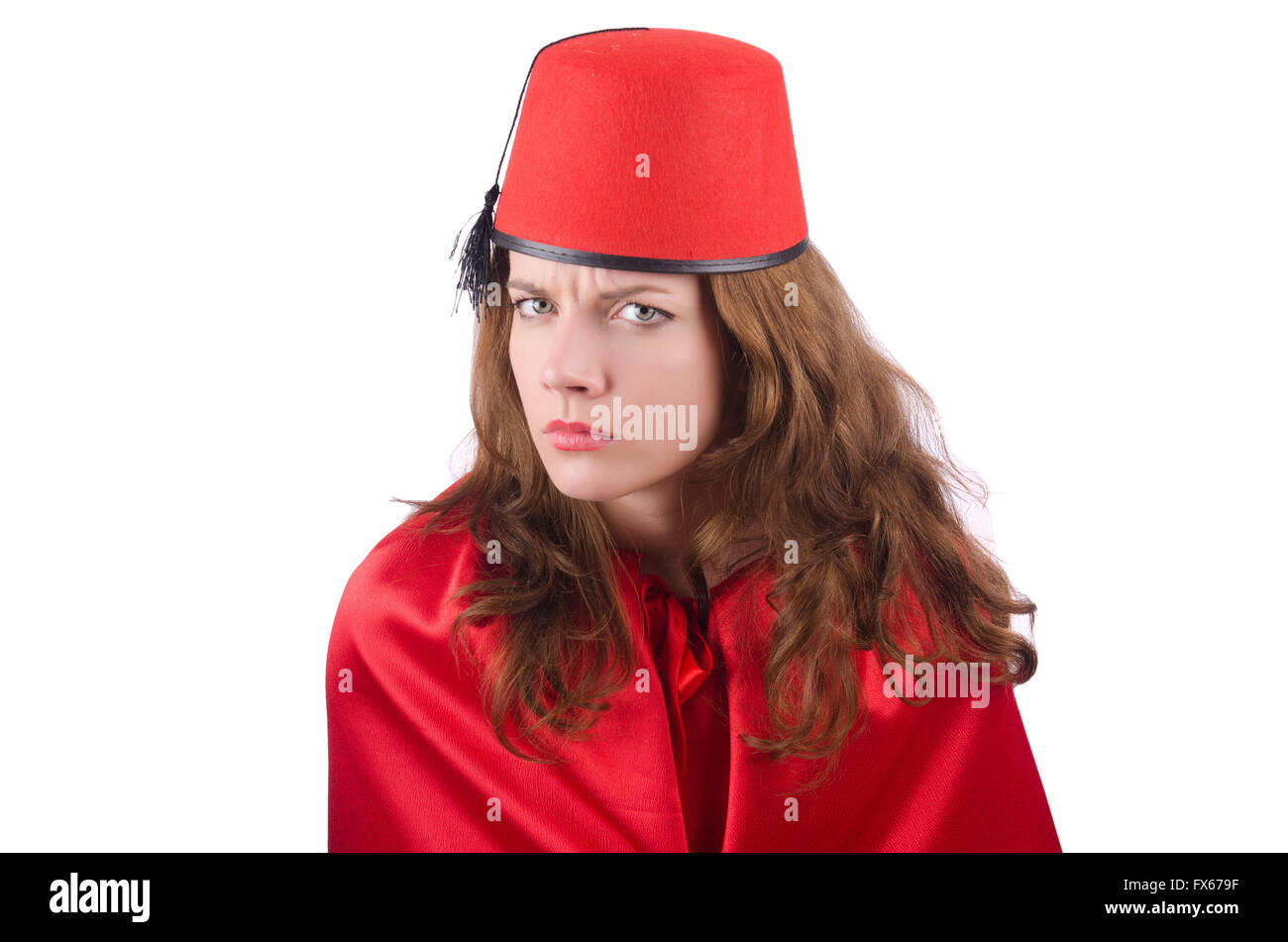 Woman wearing fez hat isolated on white Stock Photo - Alamy
