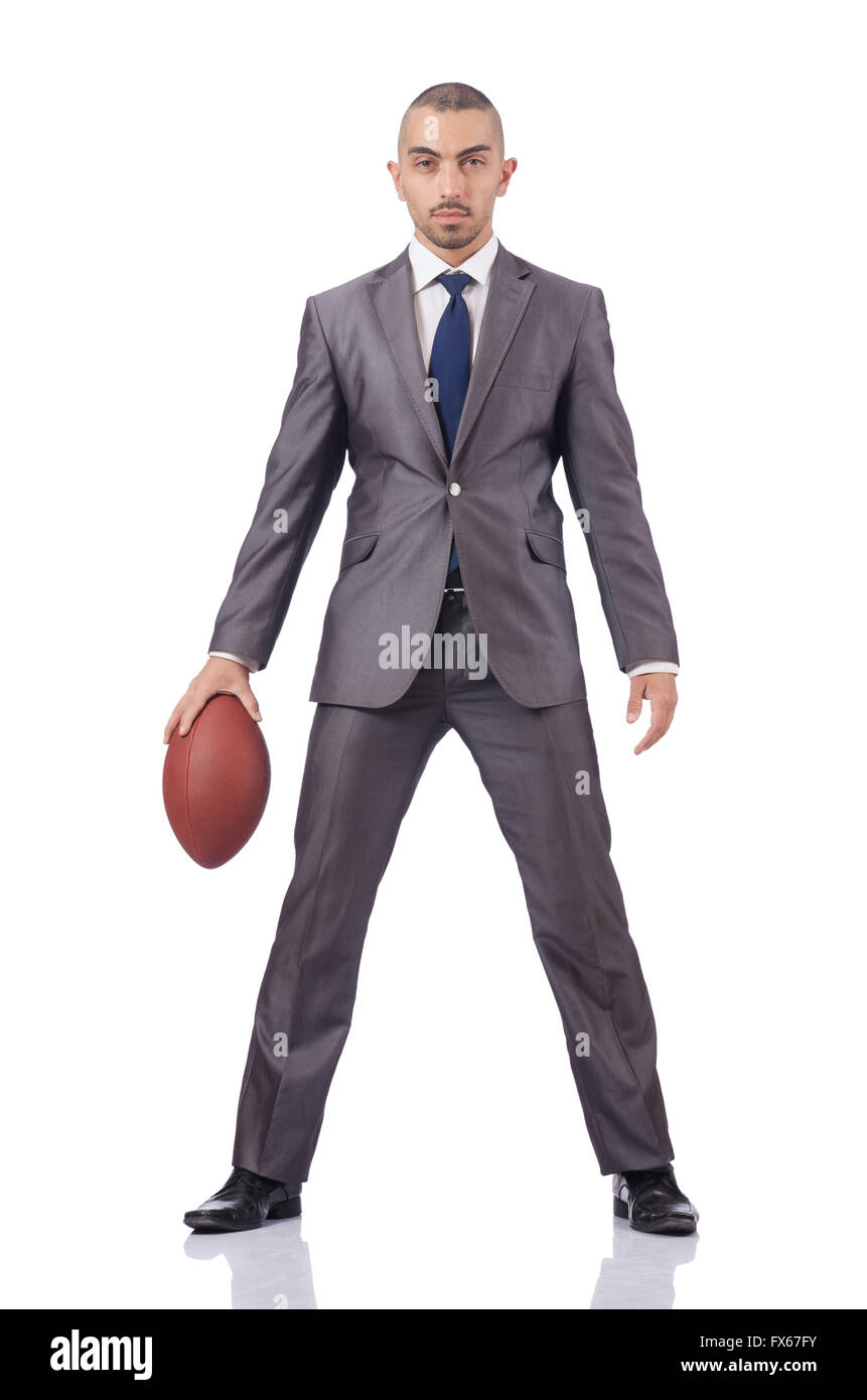 Man with american football ball isolated on white Stock Photo - Alamy