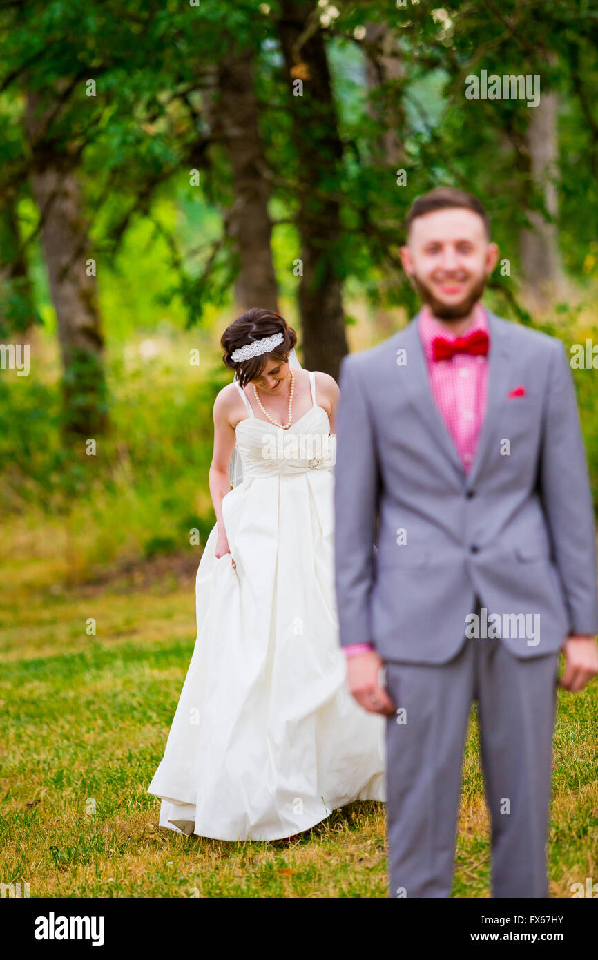 First look before the wedding ceremony of this bride and groom on their ...
