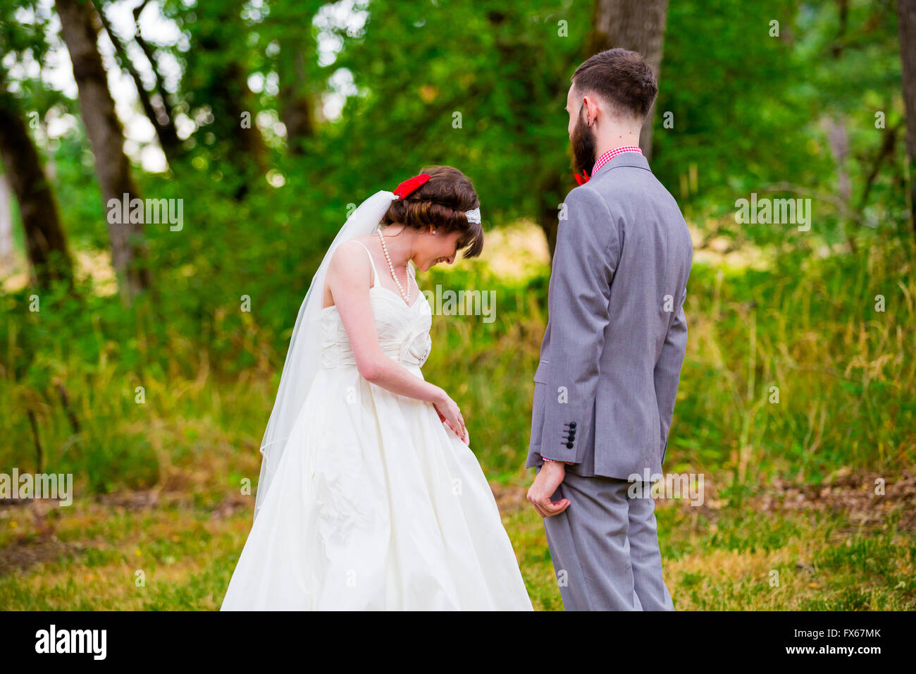 First look before the wedding ceremony of this bride and groom on their ...