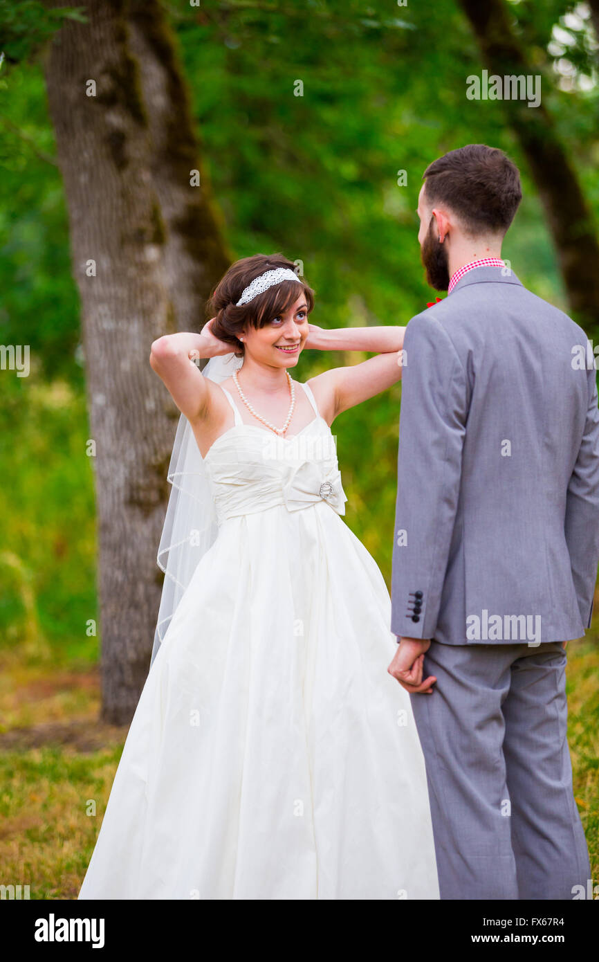 First look before the wedding ceremony of this bride and groom on their ...