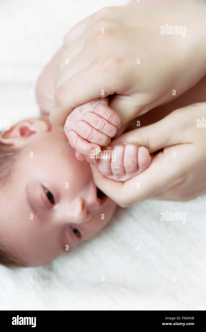 Little palms of newborn baby in mother's hands Stock Photo - Alamy
