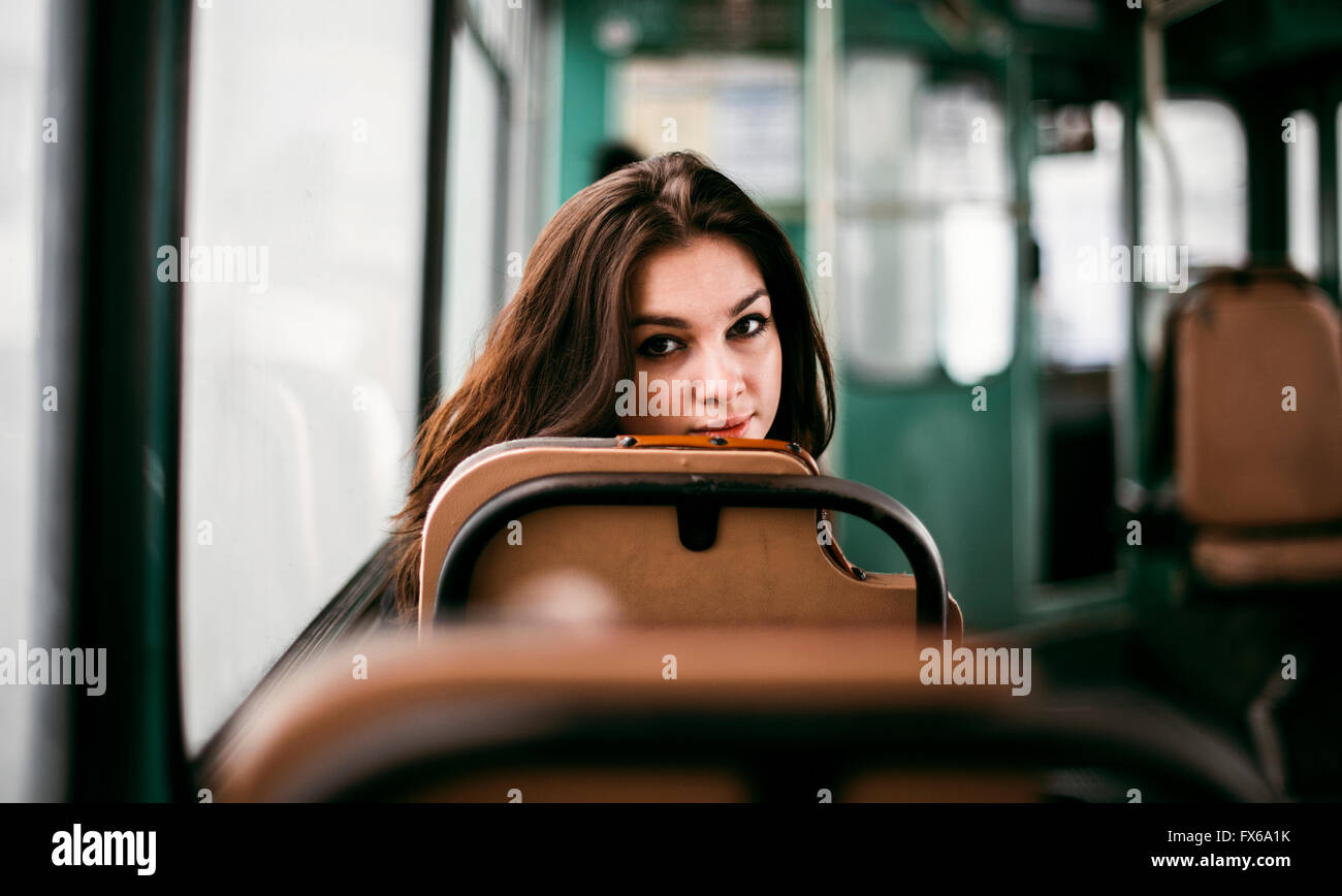 Caucasian woman sitting on bus Stock Photo - Alamy