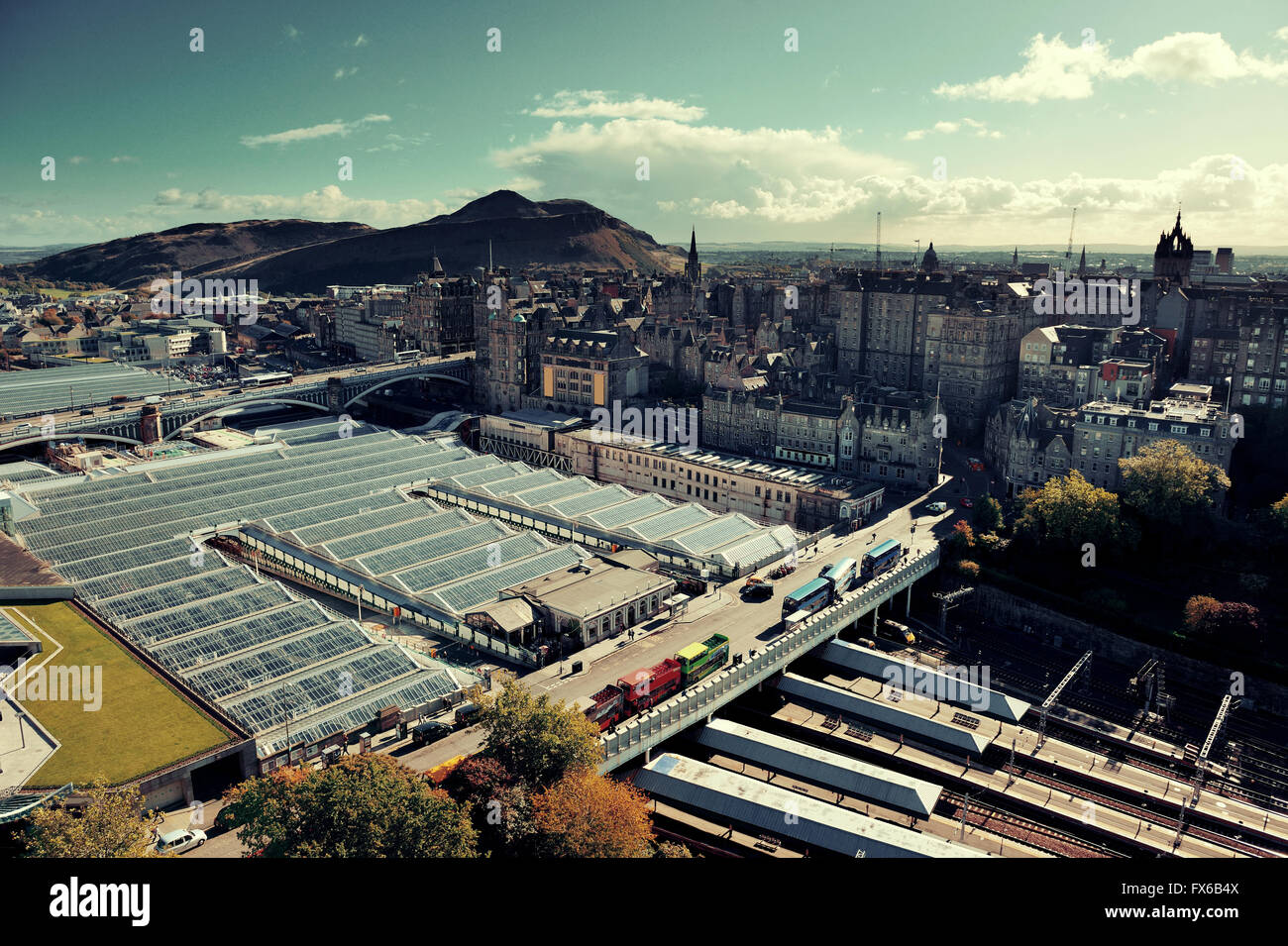 Edinburgh city rooftop view with historical architectures. United ...