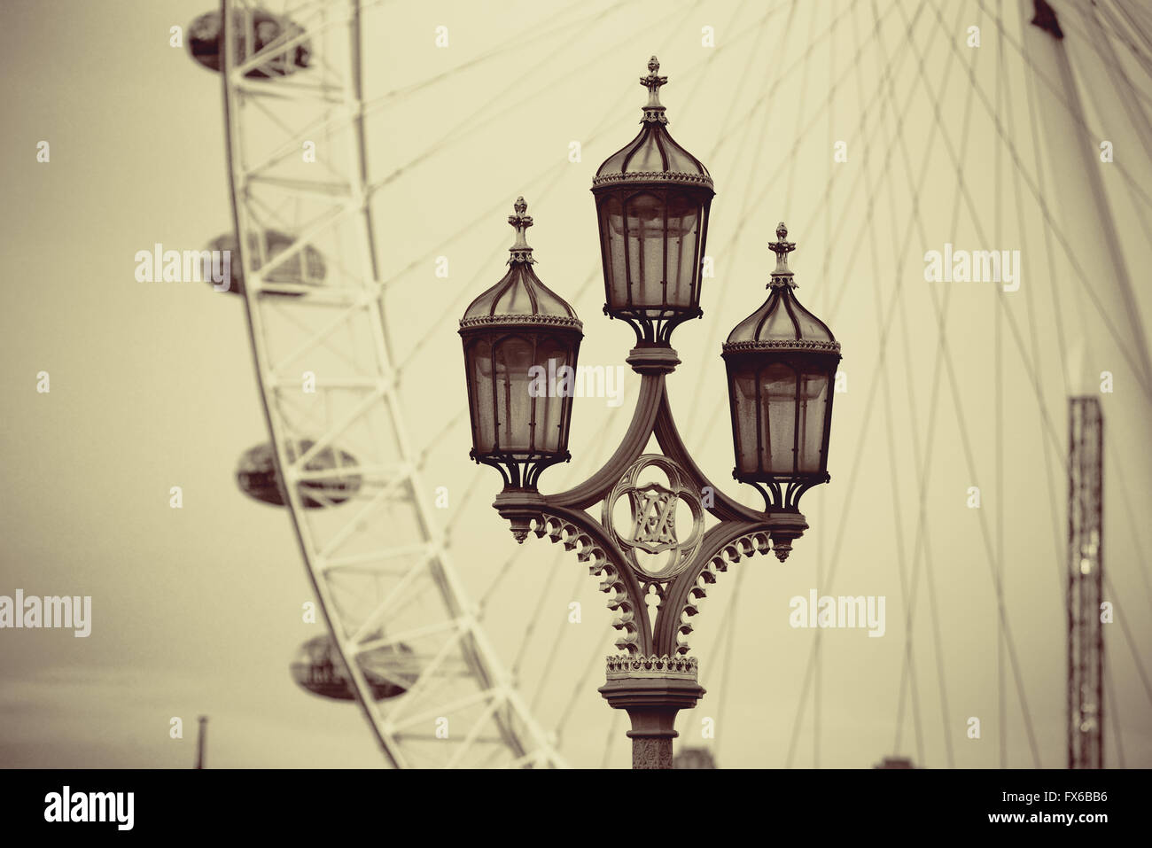 Vintage lamp post on Westminster Bridge in London in black and white ...