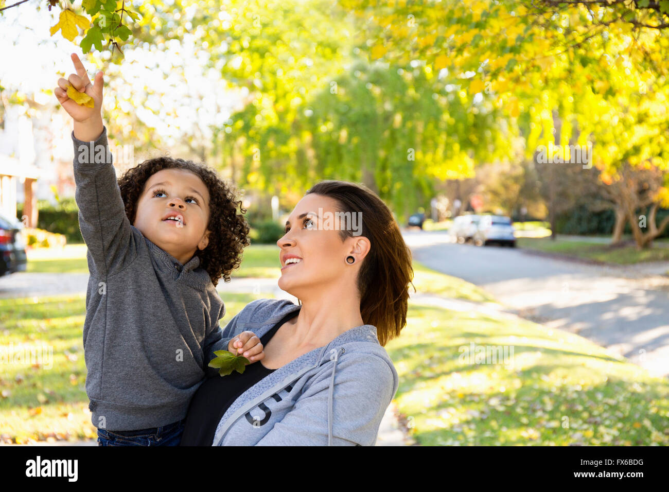 Mother and son admiring tree outdoors Stock Photo - Alamy