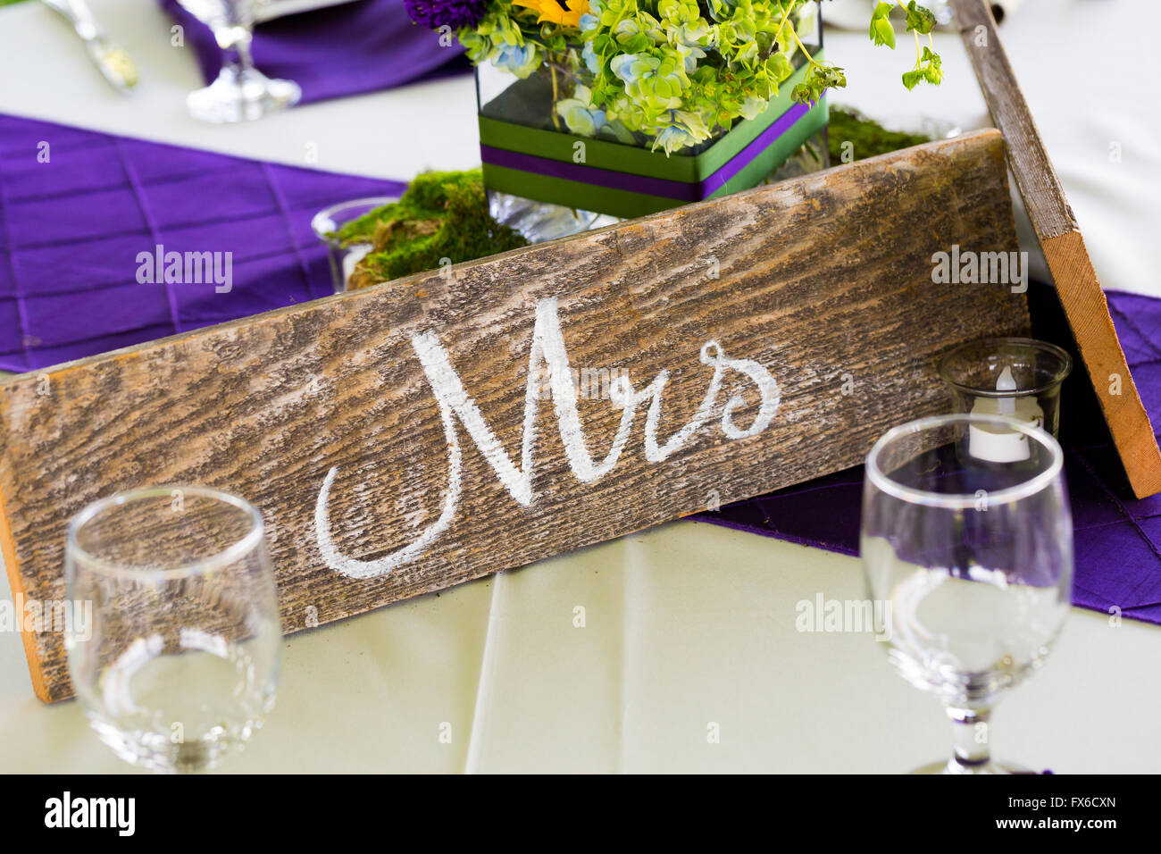 Wedding sign on a reception table marking the seat for the bride Stock ...