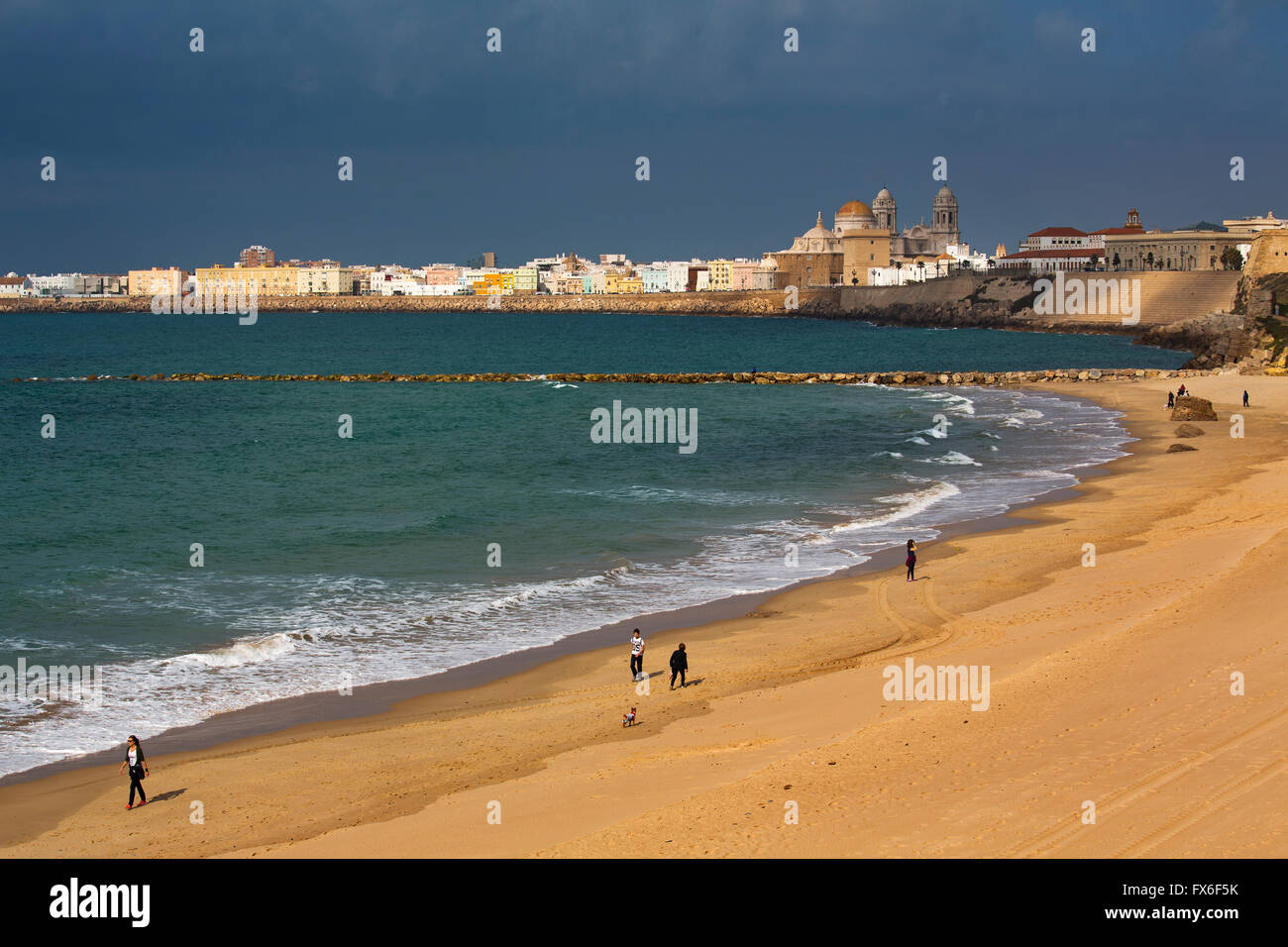 Santa Maria del Mar beach, cathedral and historic center of Cadiz City ...
