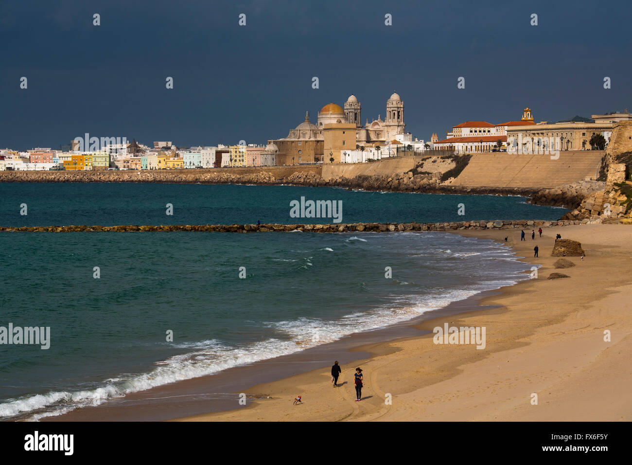 Santa Maria del Mar beach, cathedral and historic center of Cadiz City ...
