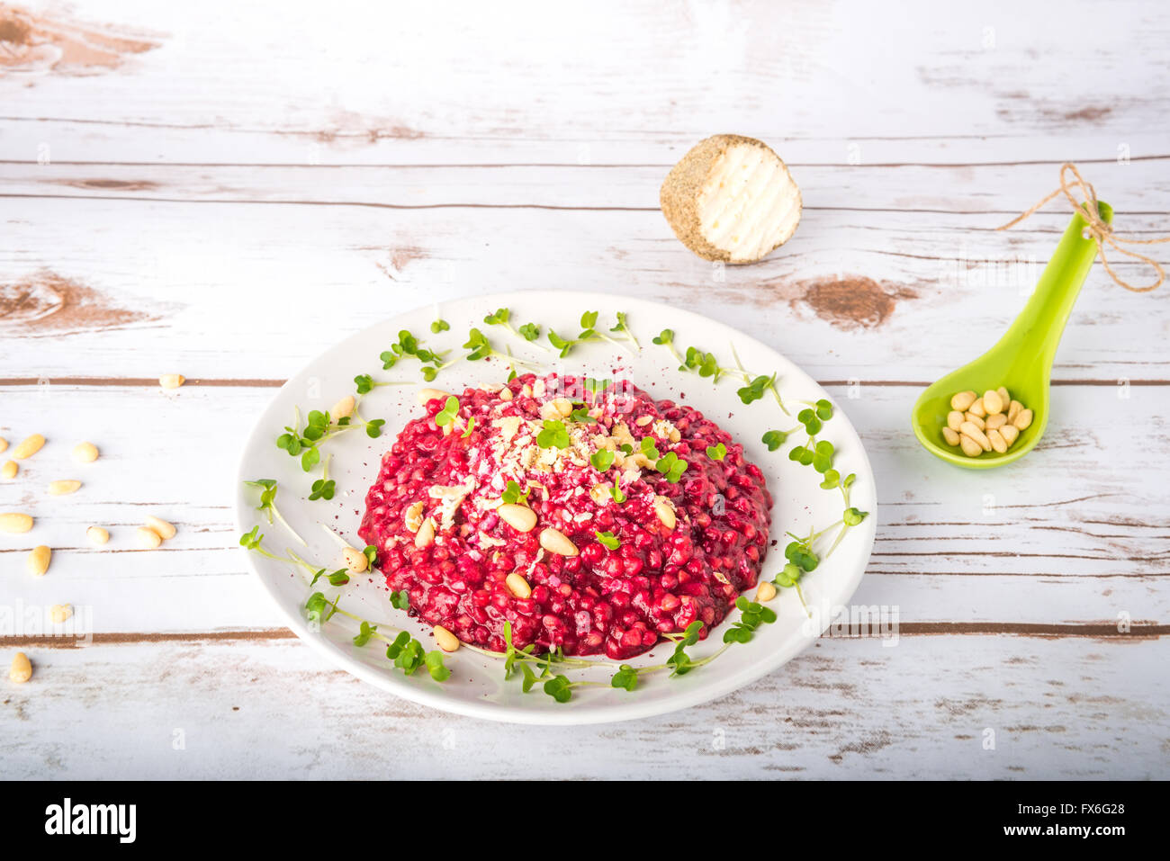 Beetroot and buckwheat risotto with cress, Belper Knolle cheese and ...