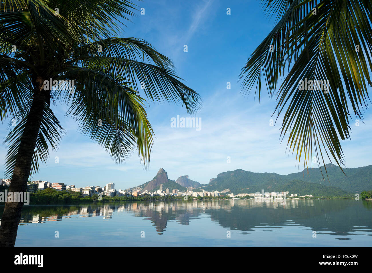 Scenic skyline morning view of Lagoa Rodrigo de Freitas lagoon in Rio ...
