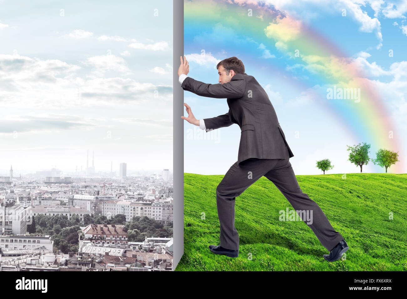 Businessman changing city on nature landscape Stock Photo - Alamy