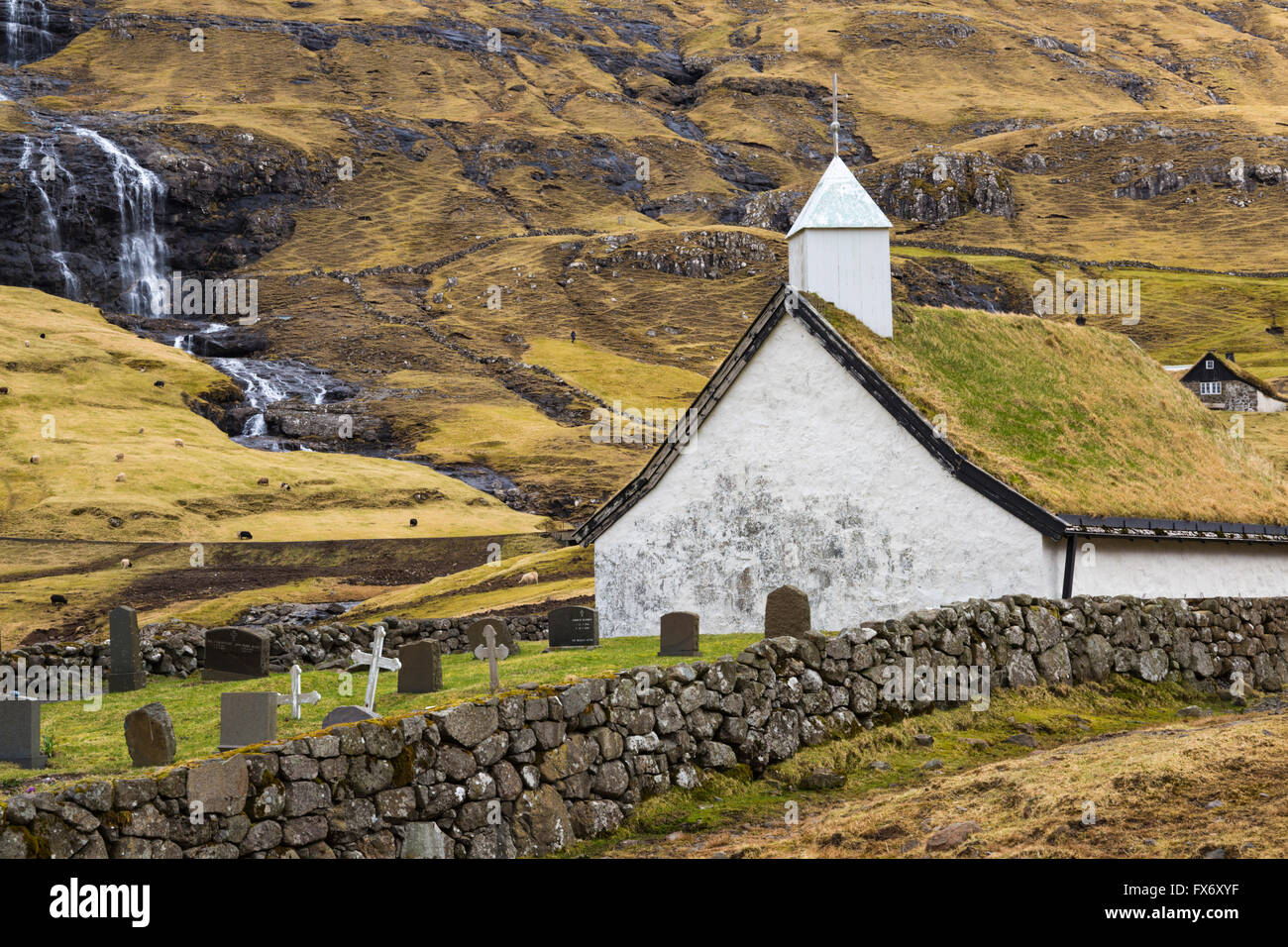 Saksun church, grass roofed church with waterfall at Saksun ancient ...
