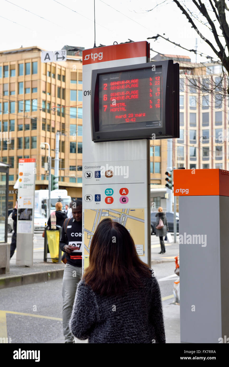 Bus stop with display of bus arrival times, Geneva Switzerland Stock ...