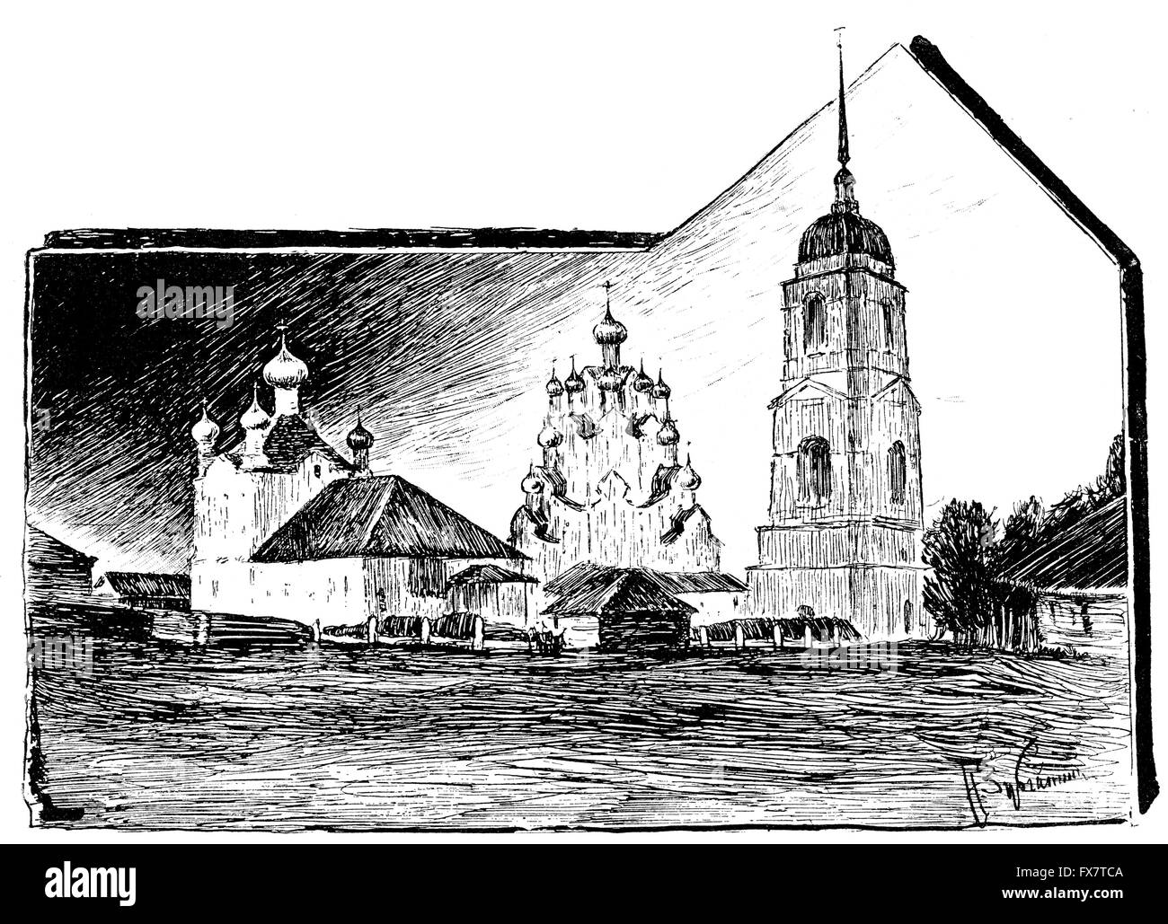 Vytegra churchyard - an illustration from antique book "Russia, the ...