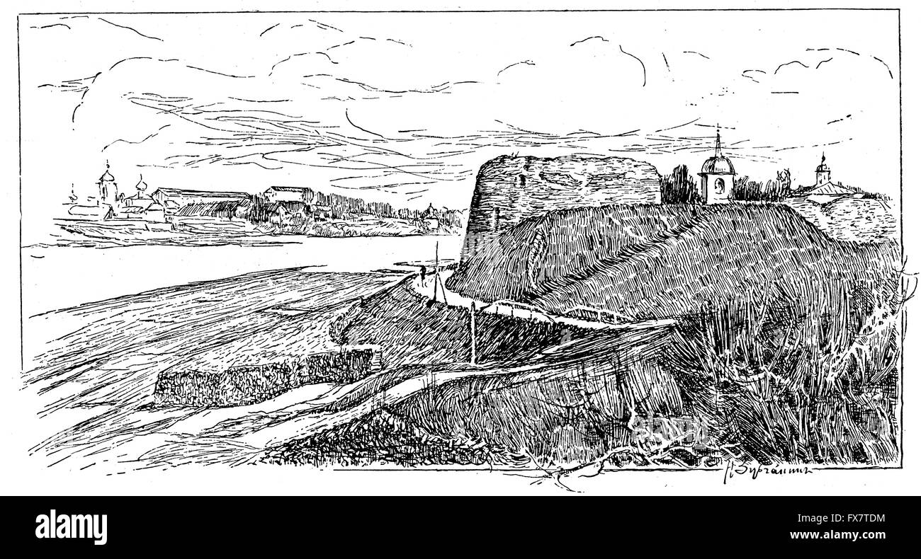 Pokrovskaya Tower in Pskov - an illustration from antique book "Russia ...