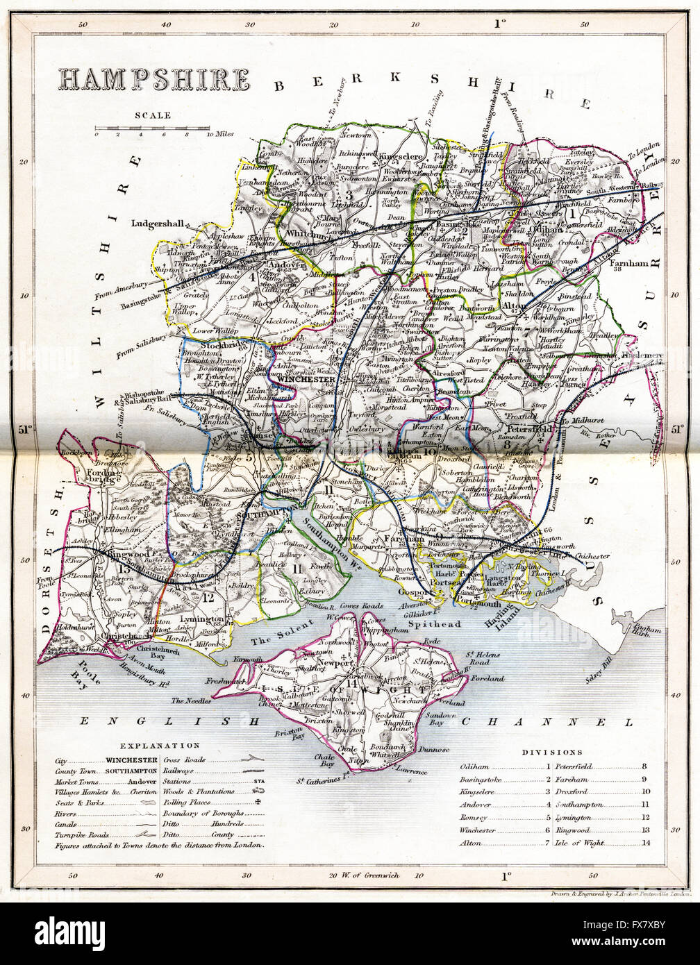 An old coloured map of Hampshire scanned at high resolution from a book ...