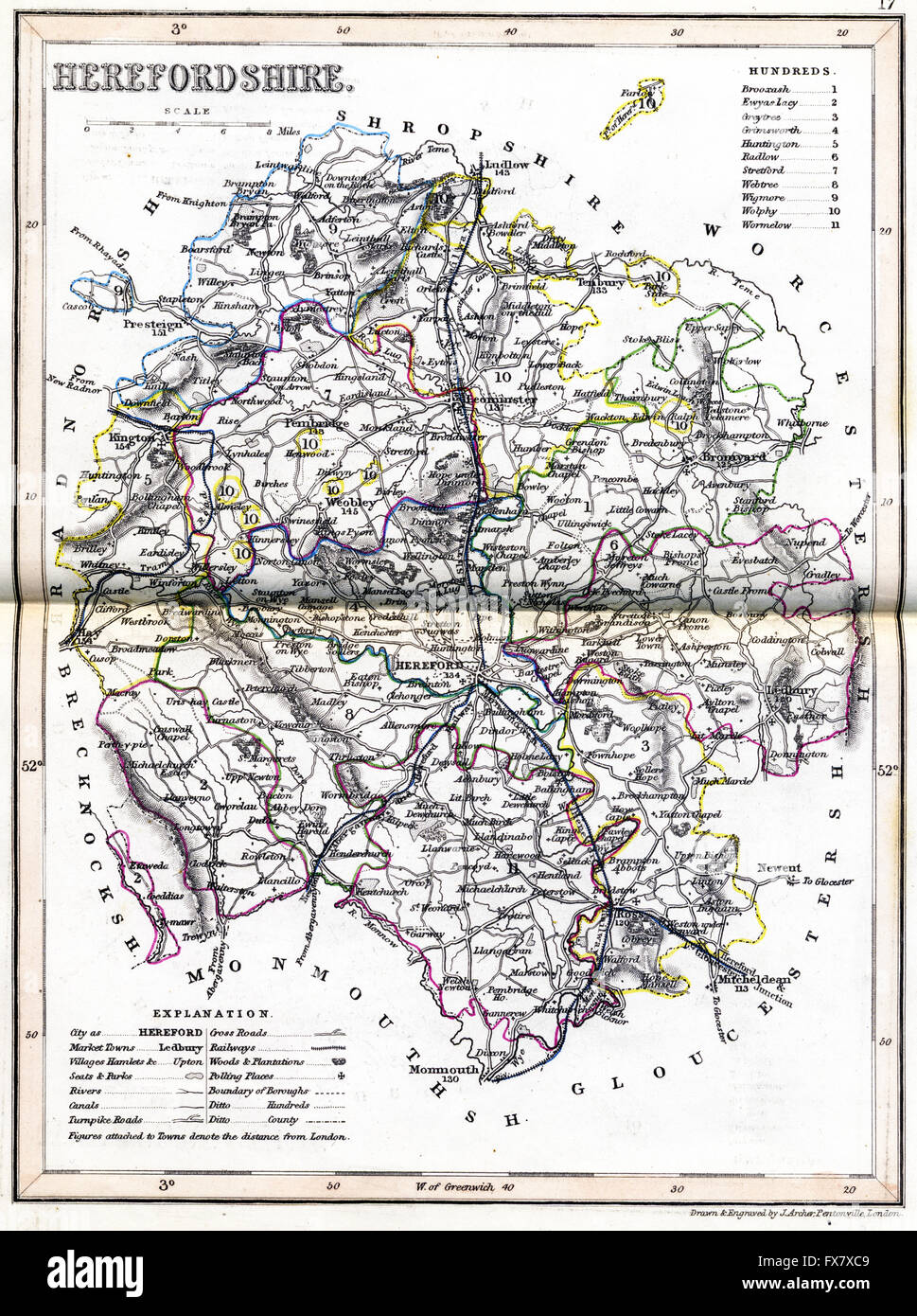 An old coloured map of Herefordshire scanned at high resolution from a ...