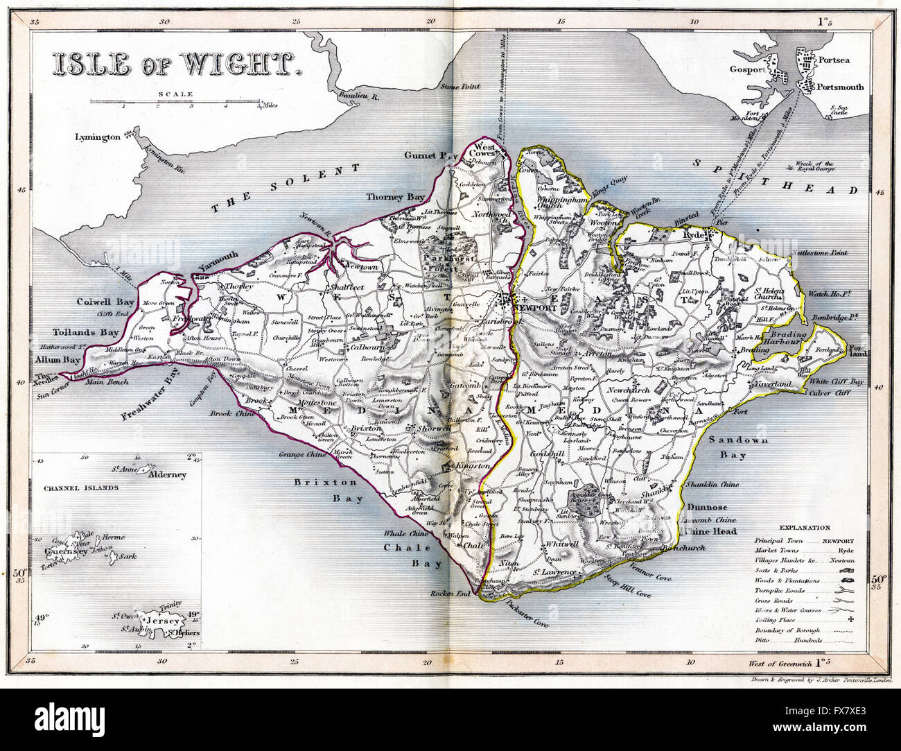 An old coloured map of the Isle of Wight scanned at high resolution from a book printed around ...