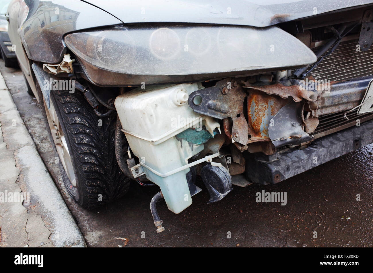 Old rusted crashed car fragment, closeup photo with selective focus ...