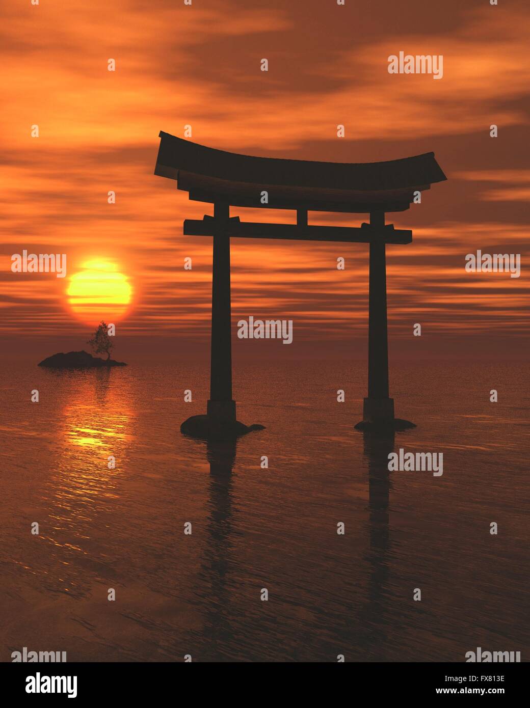 Japanese Floating Torii Gate at a Shinto Shrine, Sunset Stock Photo - Alamy