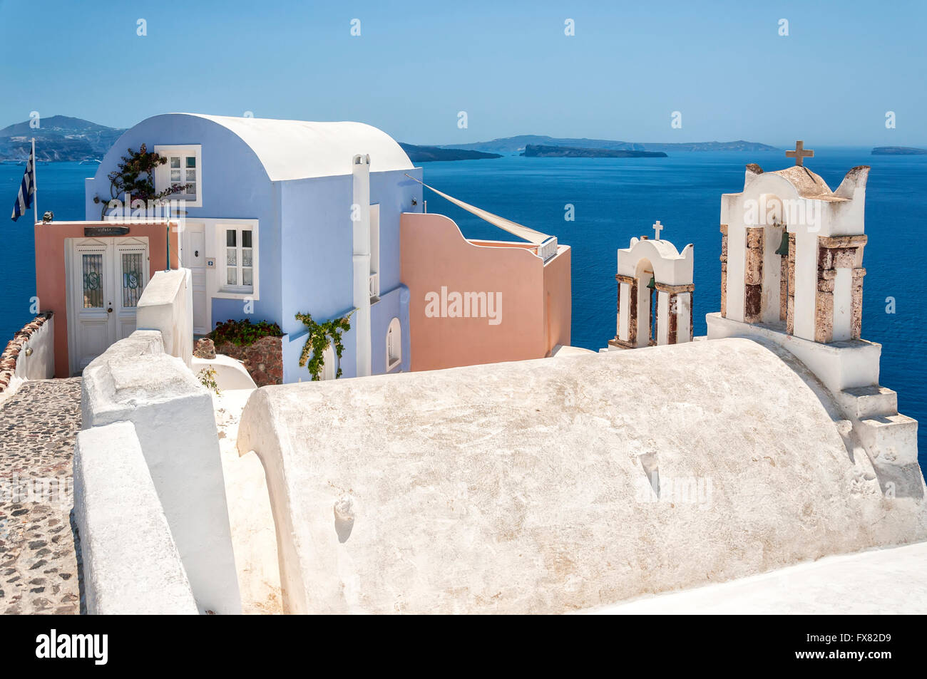 Greece with traditional white and blue greek house hi-res stock ...